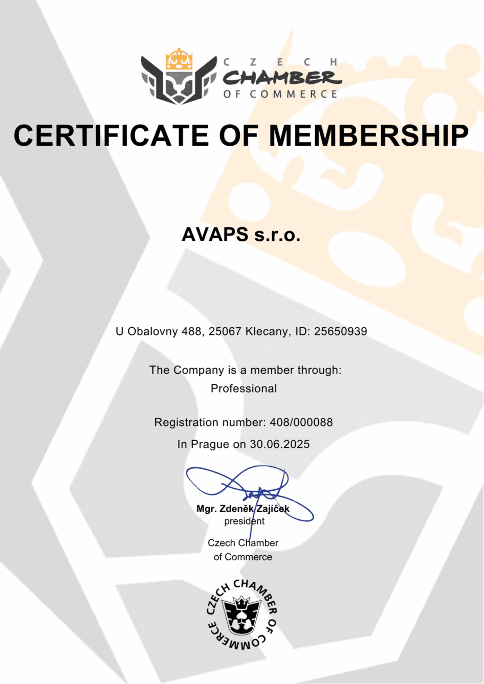 Certificate of Membership in the Czech Chamber of Commerce for 2025 ...